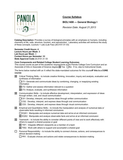 BIOL 1408 - Biology for Non-science Majors I - Panola College