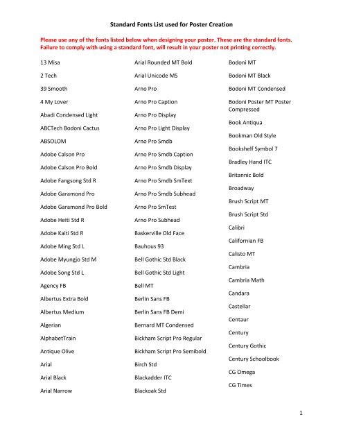 Standard Fonts List used for Poster Creation