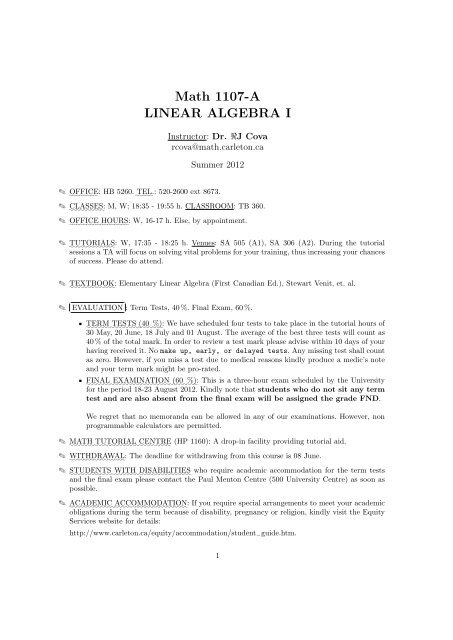Math 1107-A LINEAR ALGEBRA I - Www3.carleton.ca
