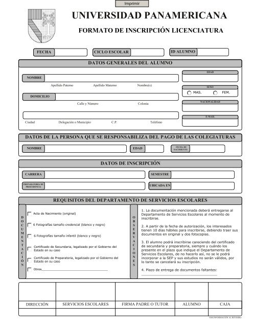 formato de inscripción licenciatura - Universidad Panamericana