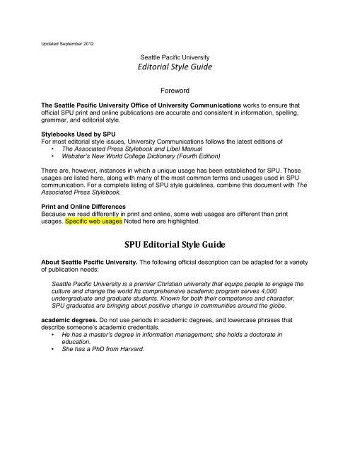 Editorial Style Guide - Seattle Pacific University