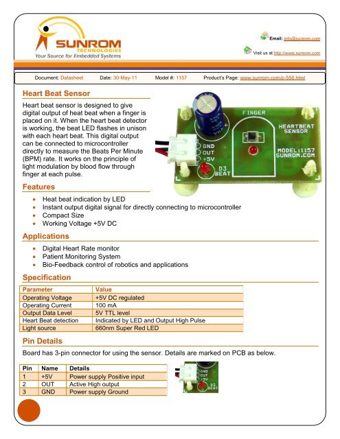 Heart Beat Sensor Features Applications Specification Pin Details