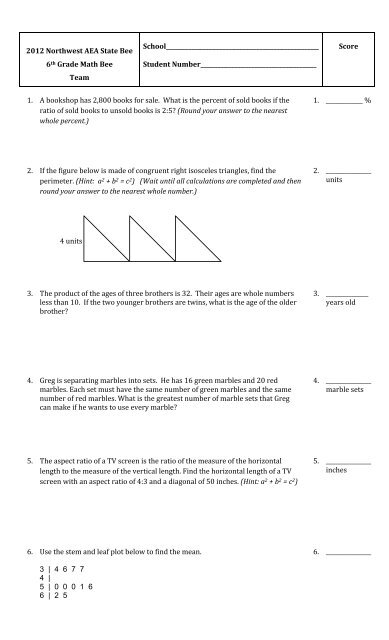 2012 Northwest AEA State Bee 6th Grade Math Bee ... - AEA 267