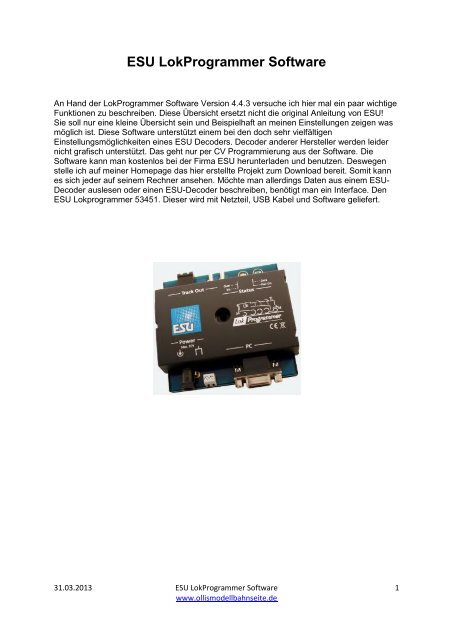 ESU LokProgrammer Software - Olli`s Modellbahn Seite