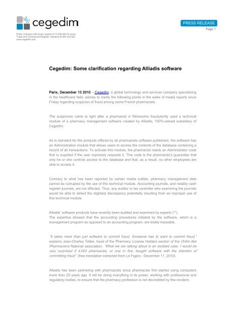 Cegedim: Some clarification regarding Alliadis software