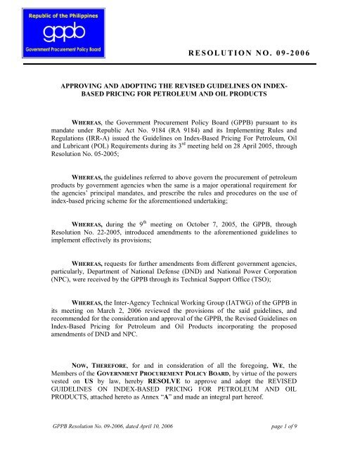 RESOLUTION NO. 09-2006 - GPPB