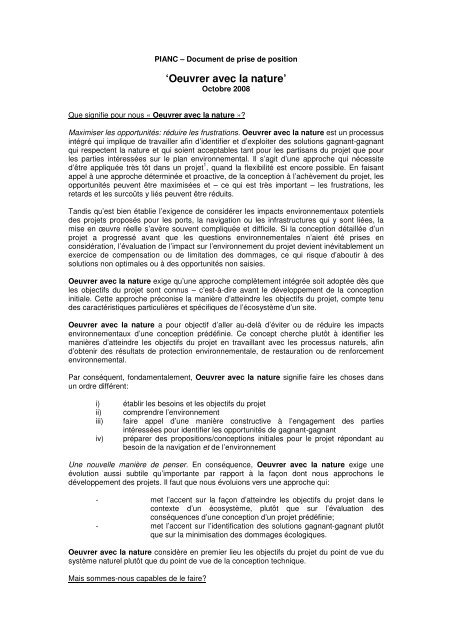 Working with Nature final position paper Dec 2008 - french - pianc