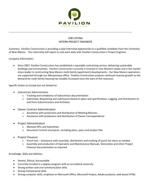 Project Engineer Internship - Pavilion Construction