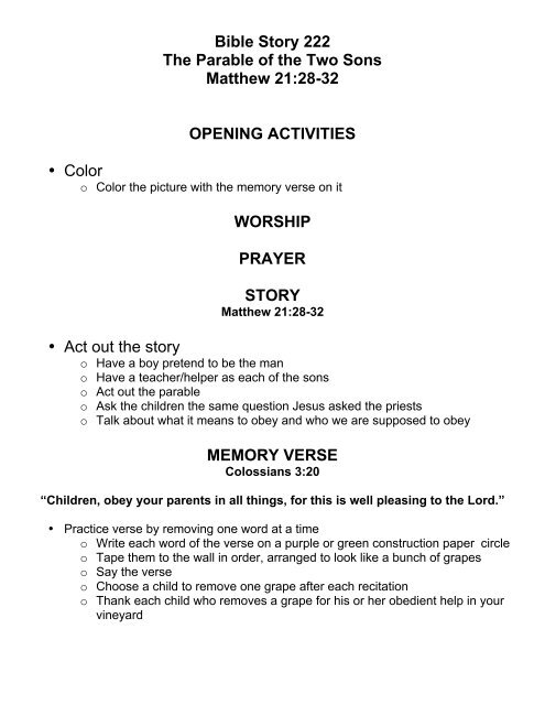 Bible Story 222 The Parable of the Two Sons Matthew 21:28-32 ...
