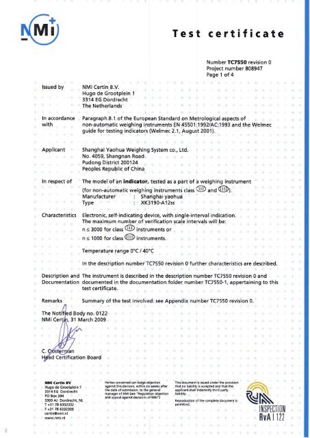 OIML Test certificate - Load Cells by Zemic Europe
