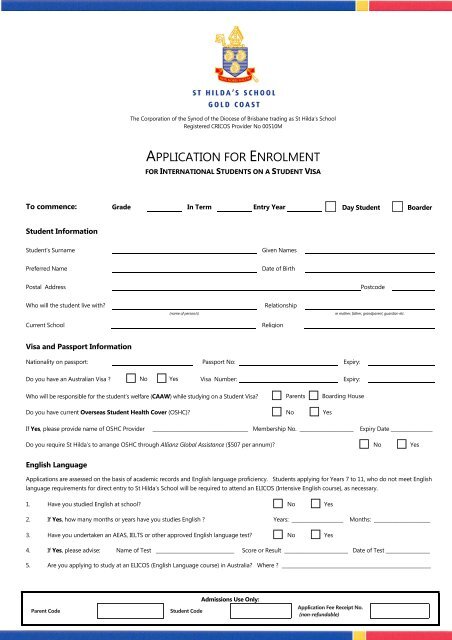 Application for International Students - St Hildas School