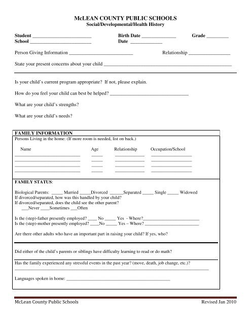Social/Developmental History Form - McLean County Public Schools