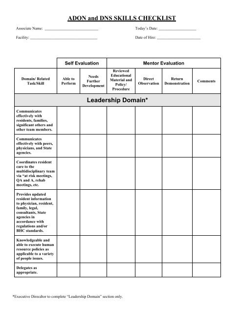 ADON and DNS SKILLS CHECKLIST Leadership ... - Maun Lemke