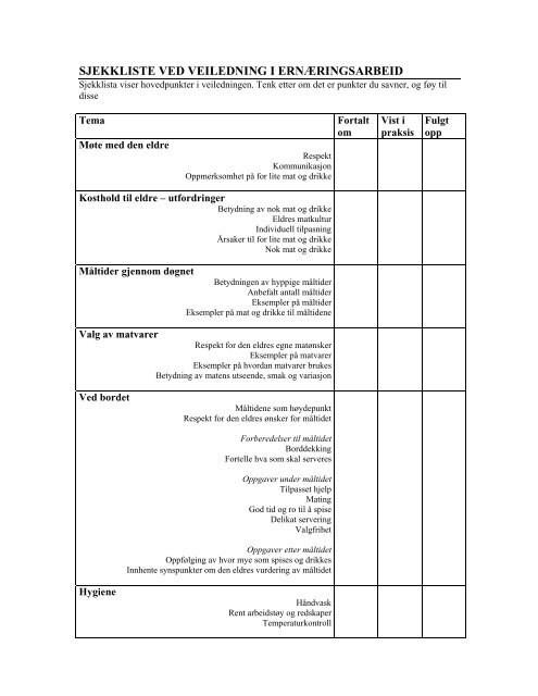 SJEKKLISTE VED VEILEDNING I ERNÃ RINGSARBEID - Helseetaten