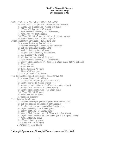 Weekly Strength Report, 4th Panzer Army, 20 December 1942 - CGSC
