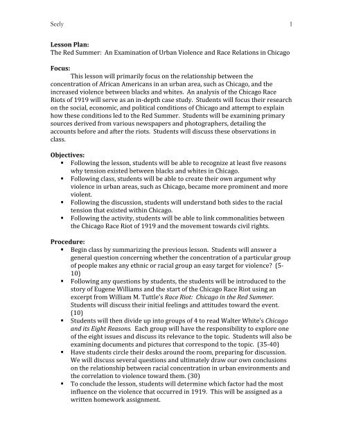Seely 1 Lesson Plan: The Red Summer: An Examination of Urban ...