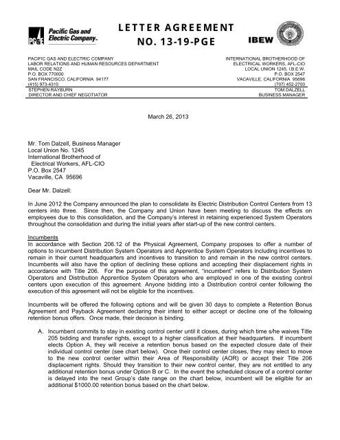LETTER AGREEMENT NO. 13-19-PGE - IBEW Local 1245