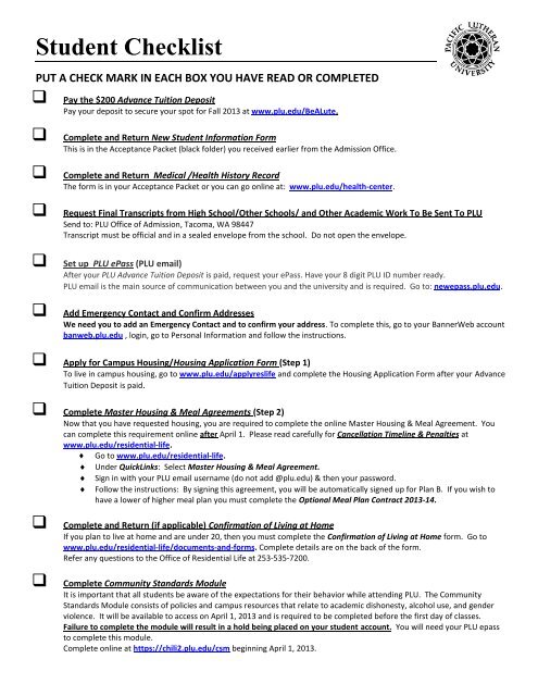 New Student Checklist - Pacific Lutheran University