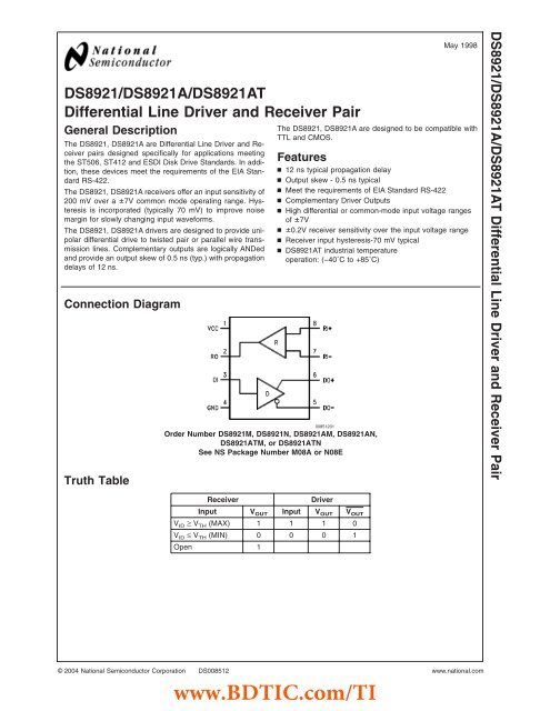 DS8921/DS8921A/DS8921AT Differential Line Driver and Receiver ...