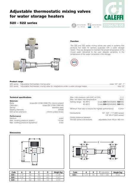 Adjustable thermostatic mixing valves for water storage ... - Caleffi
