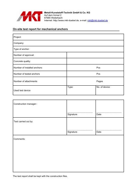 On-site test report for mechanical anchors - MKT Metall-Kunststoff ...