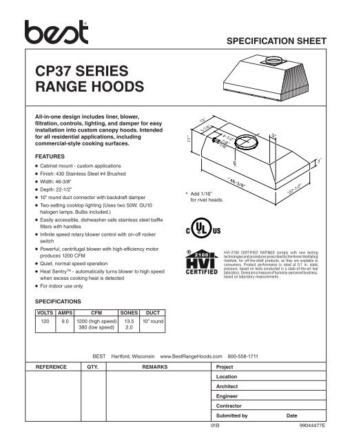CP37 Specification Sheet - BEST Range Hoods