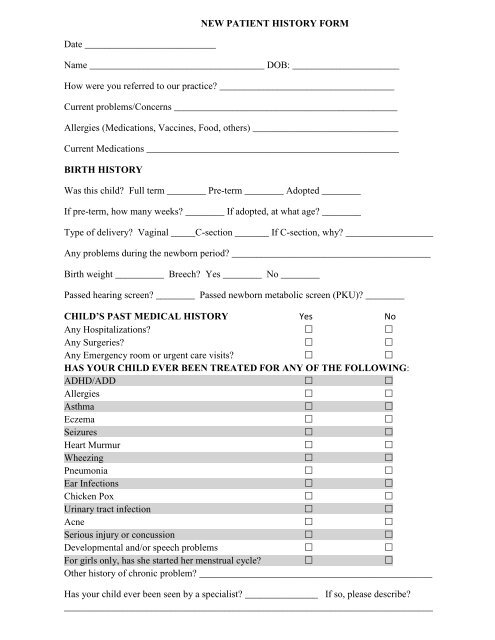 newborn history form