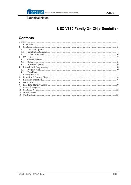 NEC V850 Family On-Chip Emulation Contents - iSYSTEM