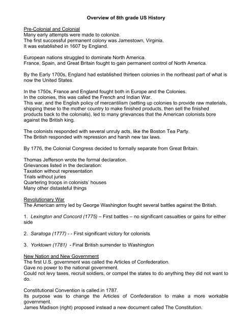 Overview of 8th grade US History