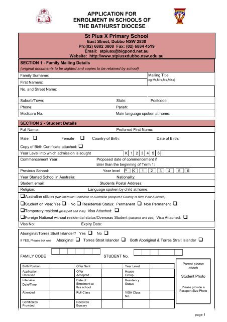 Enrolment Form - St Pius X Catholic Primary School Dubbo