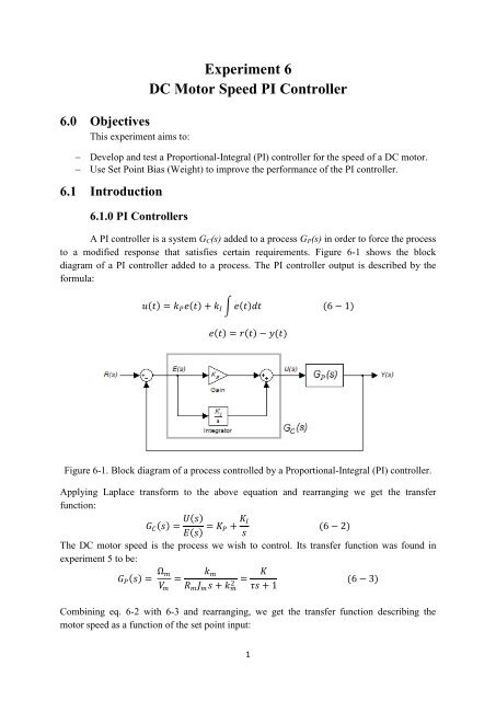 Experiment 6 DC Motor Speed PI Controller
