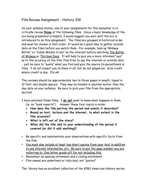 Film Review Assignment - History 109