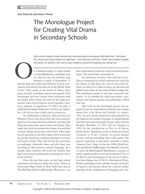 The Monologue Project for Creating Vital Drama in Secondary Schools