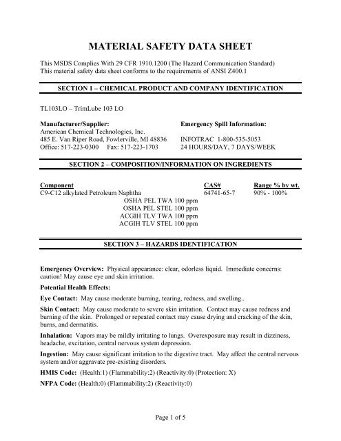 TrimLube 103-LO MSDS - American Chemical Technologies