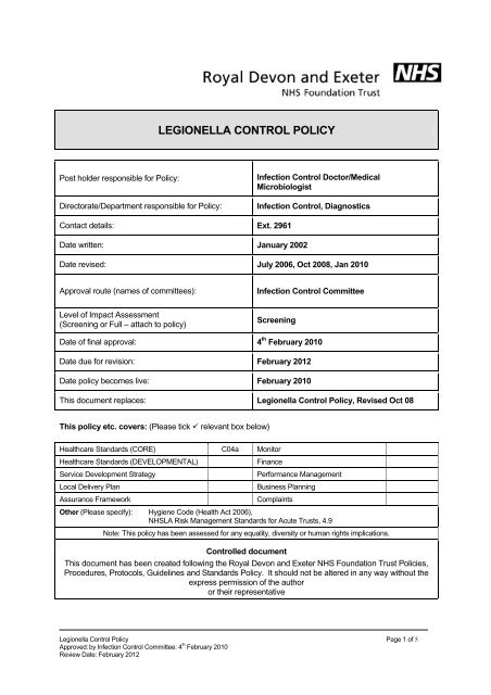 Legionella Control Policy - Royal Devon & Exeter Hospital