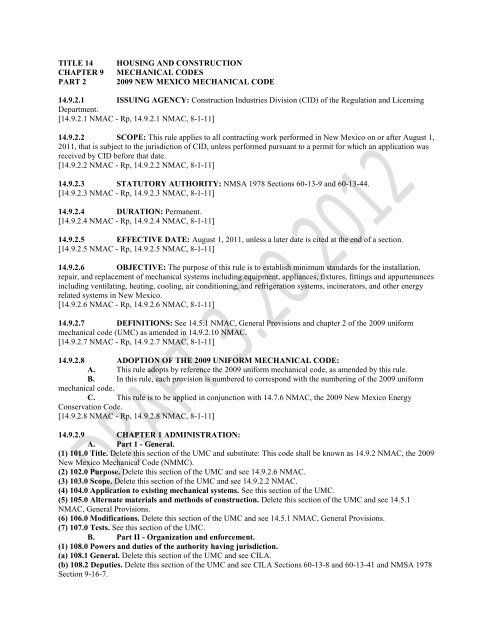 title 14 housing and construction chapter 9 mechanical codes