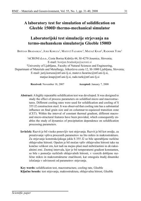 A laboratory test for simulation of solidification on Gleeble ... - RMZ