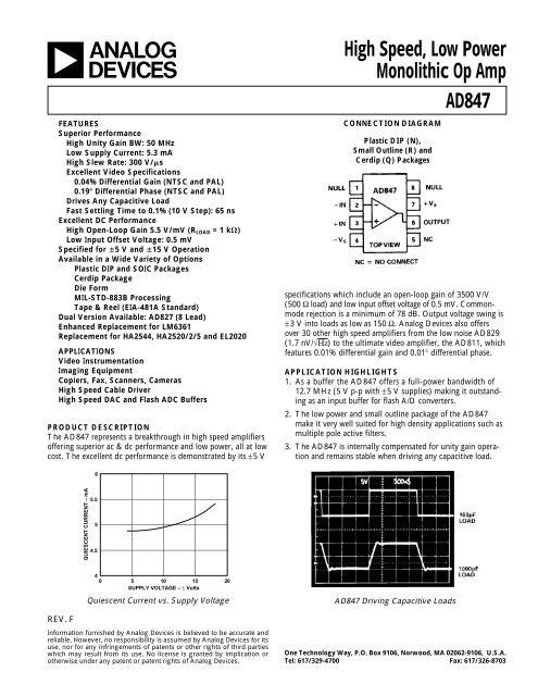 AD847 High Speed, Low Power Monolithic Op Amp - Analog Devices