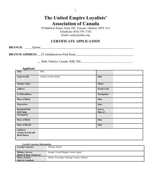 Loyalist Certificate application - for United Empire Loyalists