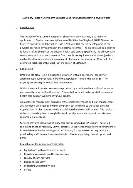 Summary Paper / Short Form Business Case for a ... - NHS Kirklees