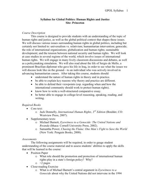 Syllabus for Global Politics: Human Rights and Justice