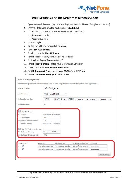 VoIP Setup Guide for Netcomm NB9WMAXXn - MyNetFone