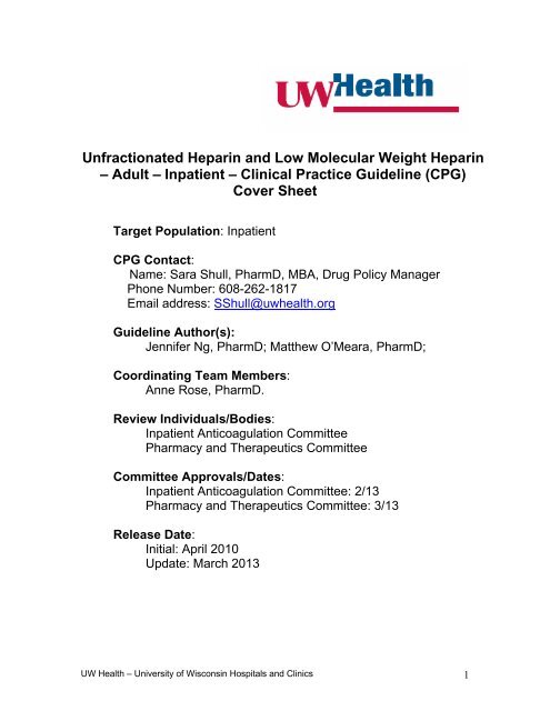 Unfractionated Heparin and Low Molecular Weight ... - UW Health