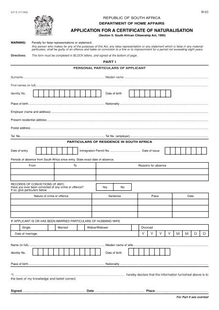 Form BI 63 - South Africa
