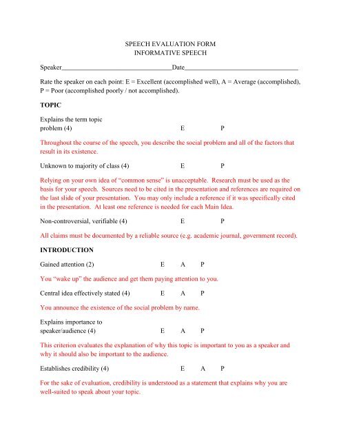 SPEECH EVALUATION FORM INFORMATIVE SPEECH speech-evaluation-form-informative-speech