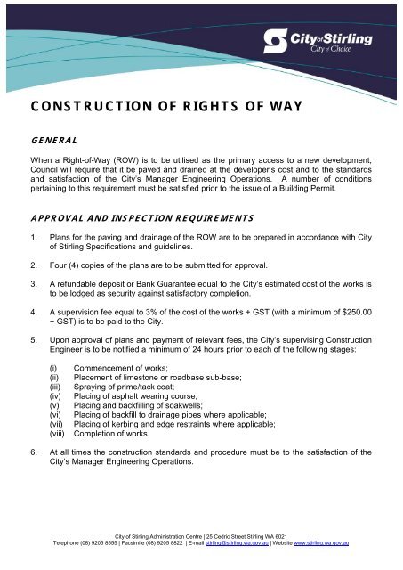Information Sheet Right of Way Construction - City of Stirling