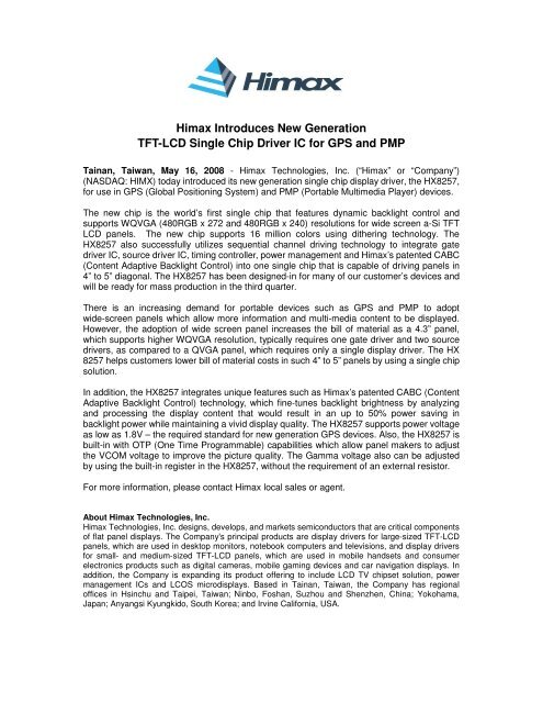 Himax Introduces New Generation TFT-LCD Single Chip Driver IC ...