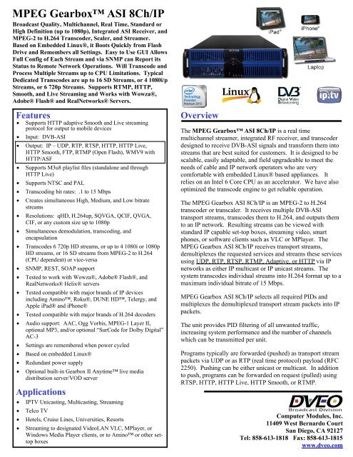 MPEG Gearbox ASI/IP -- MPEG-2 to H.264 Transcoder ... - Dveo.com