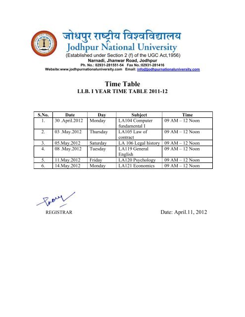 Time Table - Jodhpur National University
