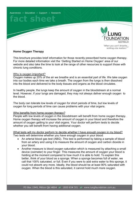Home Oxygen Therapy This brochure provides ... - Lung Foundation